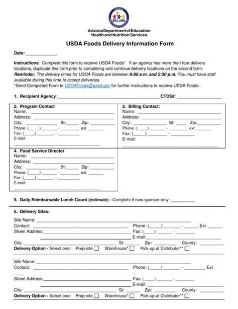 Arizona Usda Foods Delivery Information Form Fill Out Sign Online