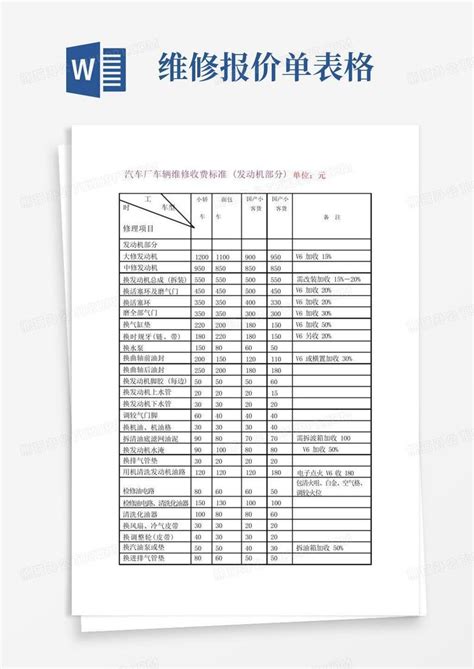 汽车维修价格表word模板下载编号qxooopev熊猫办公