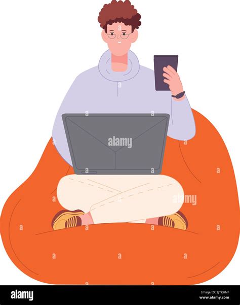 man sit on lazy chair with smartphone and laptop gadget using at home