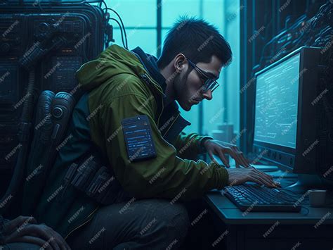 Smart Male It Programer Working On Desktop Computer In Data Center