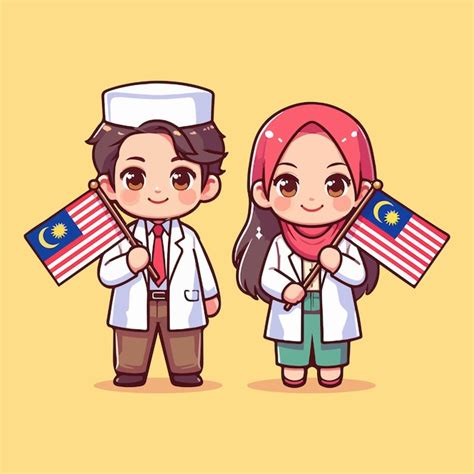 Couple Chibi Character Malaysia Vector With Yellow Background Premium