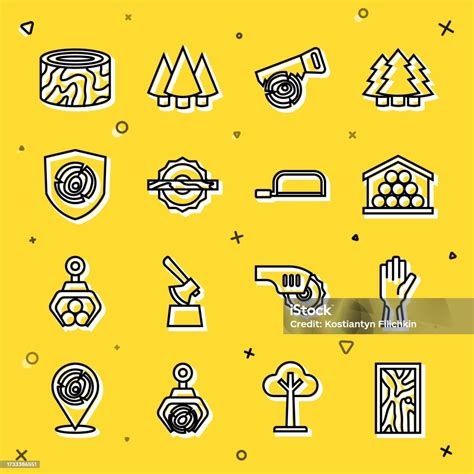 세트 라인 닫힌 문 보호 장갑 나무 통나무 손톱 및 전기 원형 나무 그루터기 및 쇠톱 아이콘 벡터 검은색에 대한 스톡 벡터 아트