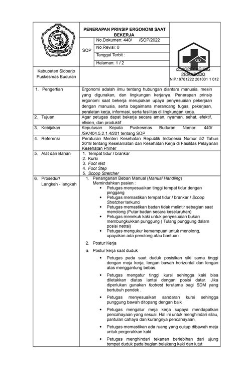 SOP Manual Handling SOP PENERAPAN PRINSIP ERGONOMI SAAT BEKERJA SOP