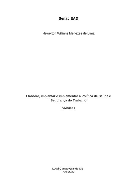 Senac Tst Atividade 1 Uc 6 Exercícios Segurança Do Trabalho Docsity