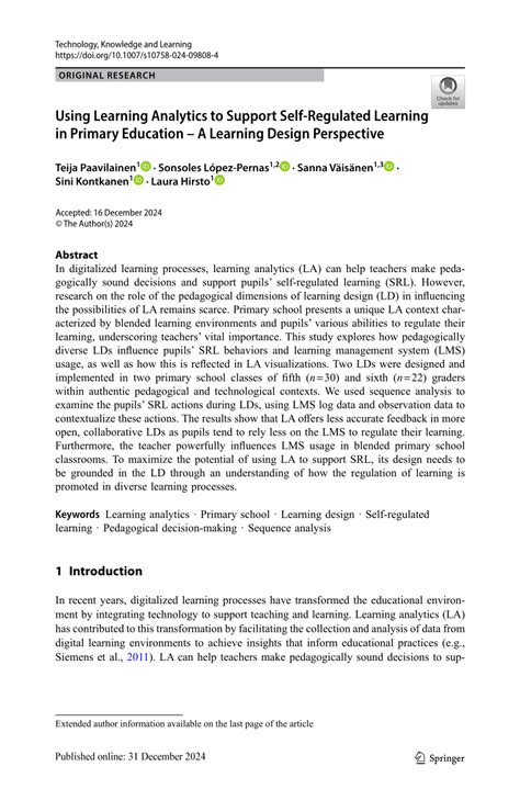 Pdf Using Learning Analytics To Support Self Regulated Learning In Primary Education A
