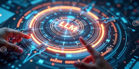 Hand Touching Glowing Llm Icon And Business Analytics Interface Stock Illustration