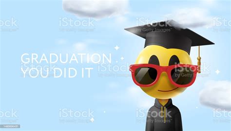 졸업 포스터 선글라스와 졸업 모자를 쓴 만화 이모티콘 벡터 일러스트레이션 구름에 대한 스톡 벡터 아트 및 기타 이미지 구름 대학교 낮 Istock
