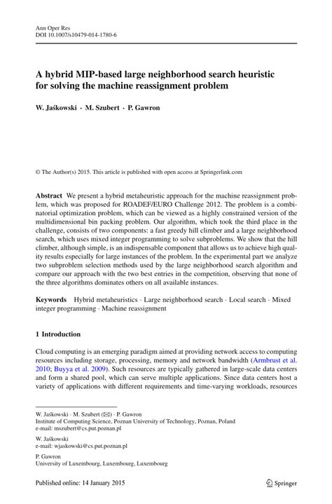 Pdf A Hybrid Mip Based Large Neighborhood Search Heuristic For Solving The Machine