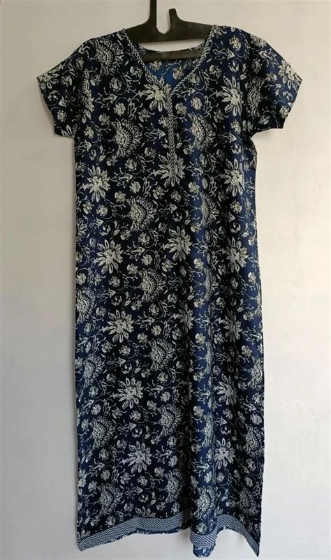 Ladies Navy Blue Printed Cotton Nightgown Machine Wash Size Large At