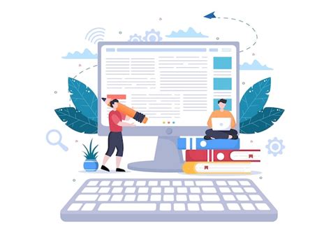 콘텐츠 작가 또는 기자 배경 벡터 일러스트 레이 션 복사 쓰기 연구 개발 아이디어 및 평면 스타일의 소설 또는 책 스크립트 프리미엄 벡터