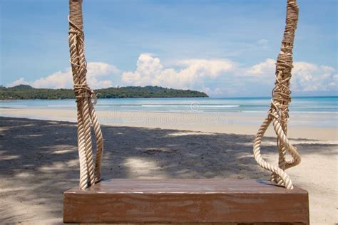 Swing Hanging On Coconut Palm Trees On Tropical Paradise Beach With