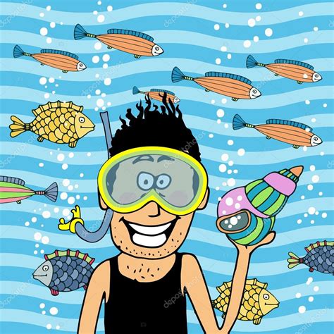 Nadador usando snorkel con concha marina vector gráfico vectorial