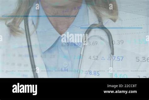 Animation Of Data Processing Over Caucasian Female Doctor Global Medicine Connections