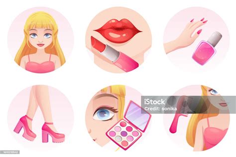 아바타 세트 분홍색 트렌드 인형과 케어 화장품이 있는 게임 아이콘 자기 관리 메이크업 립스틱 매니큐어 뷰티 가이던스 만화 스타일의 벡터 그림 화려한 벡터 1900 1909