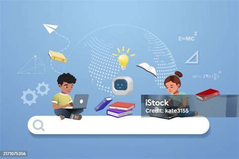온라인 교육 기술을 위한 Ai 스마트 검색 인공 지능 로봇의 도움으로 컴퓨터에서 숙제를하는 아이들 3d 벡터 아이에 대한 스톡 벡터 아트 및 기타 이미지 Istock