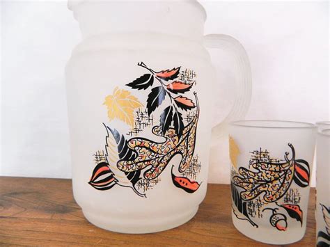 Vintage Frosted Glass Pitcher And Juice Glass Set Gay Fad Style