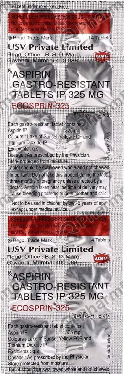 Ecosprin 325 Mg Tablet 14 Uses Side Effects Price And Dosage Pharmeasy