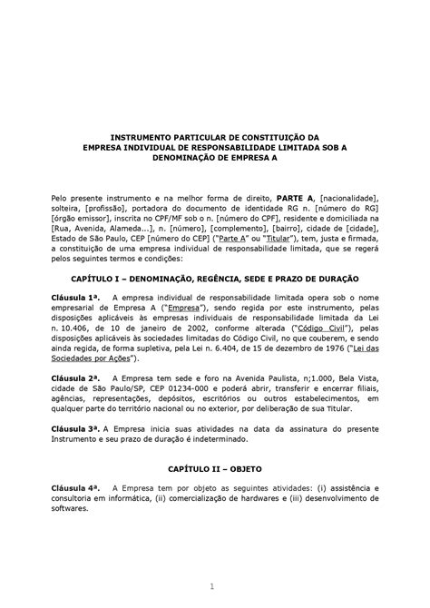 Ato Constitutivo De Eireli Modelo Exemplo Baixar Em Word Lexio
