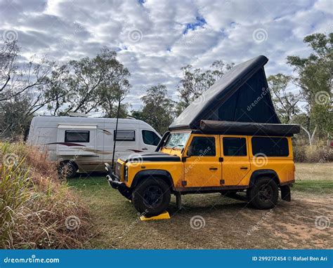 Land Rover Defender 110 Station Wagon With Rooftop Tent Camping In The Outback Of Queeensland