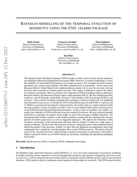 (PDF) Bayesian modelling of the temporal evolution of seismicity using the ETAS.inlabru R-package