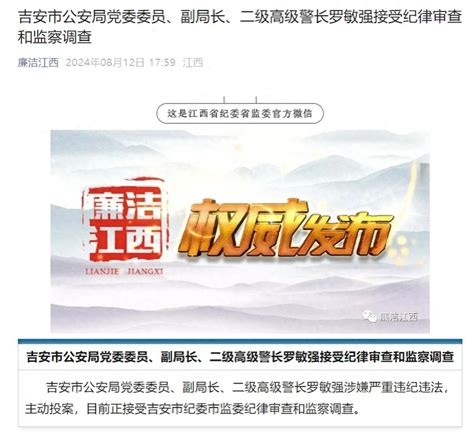 主动投案！吉安市公安局党委委员、副局长、二级高级警长罗敏强接受审查调查