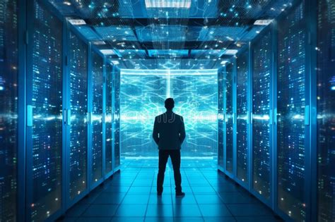 Back View Of Businessman Standing In Server Room With Binary Code