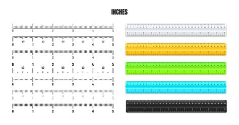 길이 또는 높이를 측정하기 위한 검은색 인치 눈금자가 있는 사실적인 플라스틱 눈금자 구분이 있는 다양한 측정 척도 눈금자 줄자 표시 크기 표시기 벡터 그림 0명에 대한 스톡