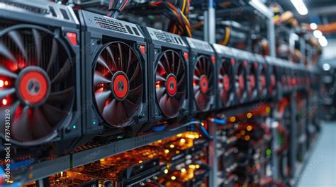 Racks Of Cryptocurrency Mining Rigs Equipped With High Performance Gpu Units Featuring Red And