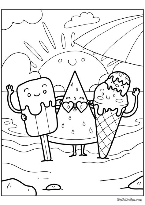 Раскраска Мультяшное летнее мороженое распечатать раскраски для детей