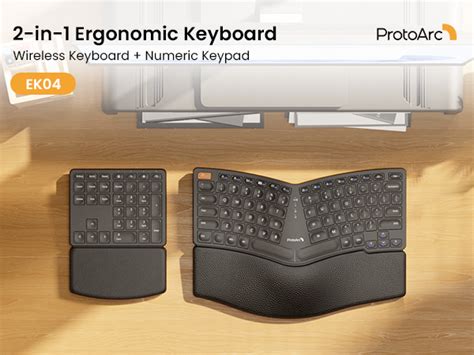 Ek04 Wireless Split Ergonomic Keyboard With Wrist Rest Numeric Keypad Protoarc