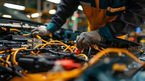 Automotive Engineer Assembling Electrical Wiring On A Modern Car Assembly Line In Hightech