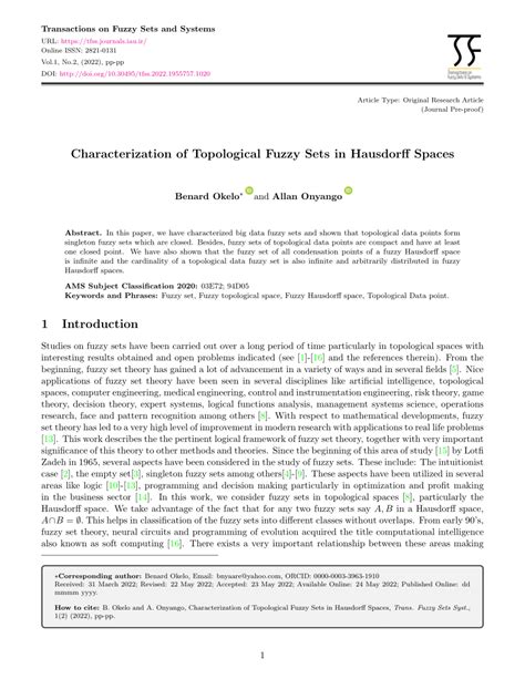 Pdf Characterization Of Topological Fuzzy Sets In Hausdorff Spaces