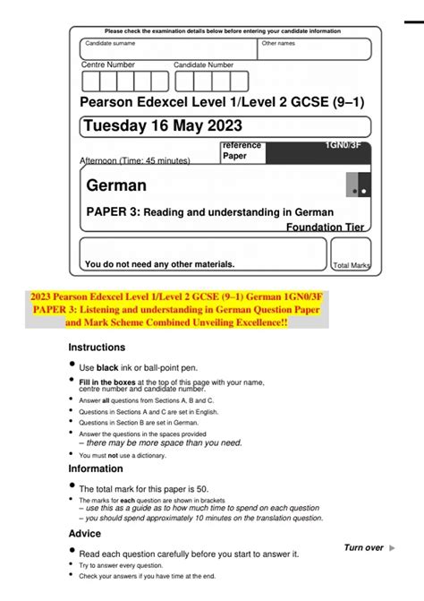 2023 Pearson Edexcel Level 1/Level 2 GCSE (9–1) German 1GN0/3F PAPER 3 ...