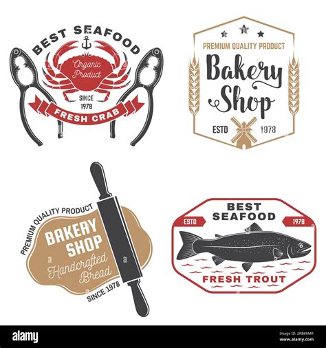 Set Of Bakery And Seafood Badges Vector For Emblem Sign Patch