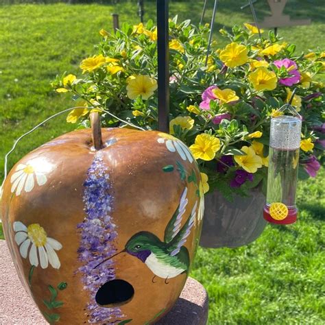 Handpainted Gourd Birdhouse With Hummingbird And Flowers Etsy