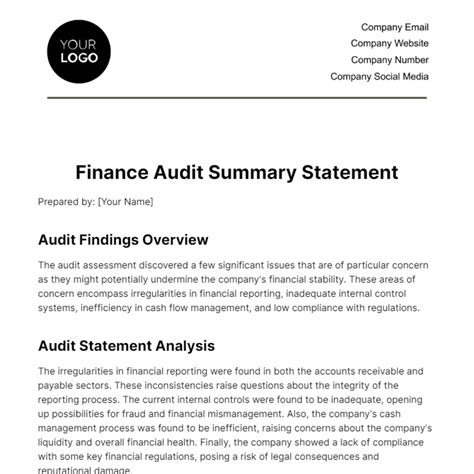 Free Finance Audit Summary Statement Template To Edit Online
