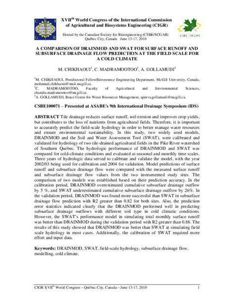 Pdf A Comparison Of Drainmod And Swat For Surface Runoff And