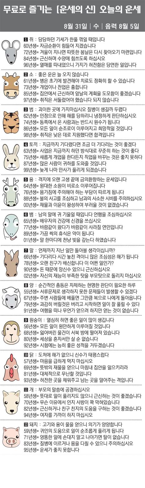 직장인을 위한 오늘의 운세 2022년 8월 31일 수요일 오늘의 띠별 스포츠조선