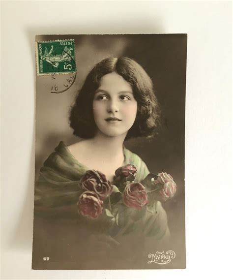 Antique French Postcard Pretty Girl In Beautiful Dress Bouquet Of