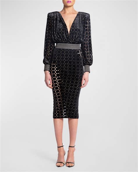 ZHIVAGO Salvation Laser Cut Velvet Midi Dress Neiman Marcus