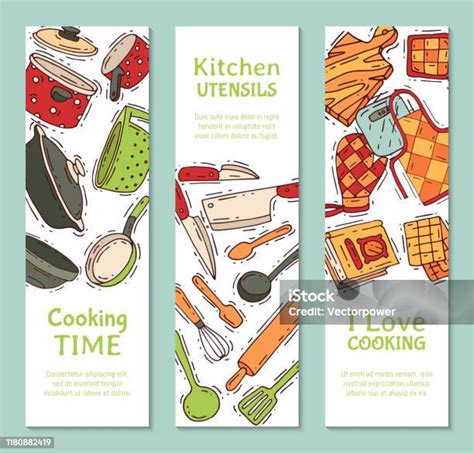 요리 장비 배너 벡터 주방 용품 또는 주방 용품 및 주방 용품 칼 붙이 및 접시 그림과 음식 식기 와 프라이팬 또는 냄비 하우스 홀 요리 시간 가전 제품 부엌에 대한 스톡