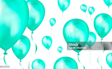 흐림 효과와 함께 광택 청록색 비행 헬륨 풍선 배경 결혼식 생일 및 기념일 배경입니다 초대 카드 파티 브로셔 배너에 대 한 벡터