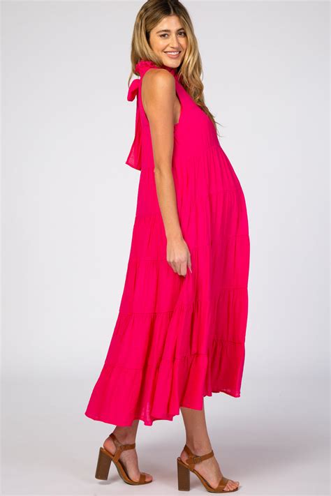 Fuchsia Tiered High Neck Maternity Maxi Dress Pinkblush