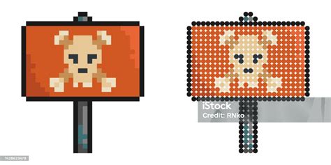 픽셀 아이콘입니다 두개골과 십자뼈가있는 사인 플레이트 위험 기호 지뢰밭 지정 흰색 배경에 고립 된 간단한 복고풍 게임 벡터 8에 대한 스톡 벡터 아트 및 기타 이미지