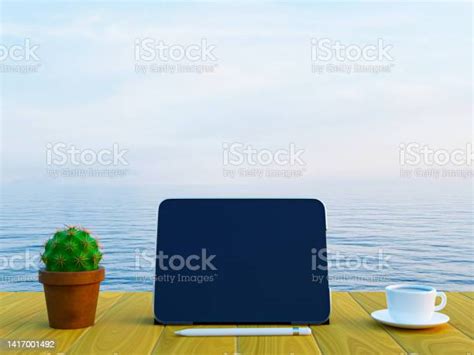 3d 현실적인 야외 작업 공간 해안가 작업장 타블렛 선인장 강변 전망 배경이있는 커피 컵 3d 렌더링 그림 0명에 대한 스톡