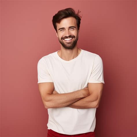 Premium Photo Adult Smiling Cheerful Man In Red Shirt And White Tshirt