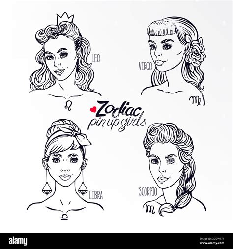Set Of Four Zodiac Signs As A Girls In The Pin Up Style Hand Drawn