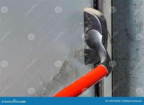 Closed Up Latch And Door Handle Of Emergency Exit Push Bar And Rail
