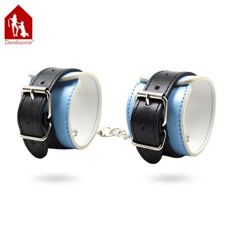 Davidsource Blue Leather Handcuffs With Chain Hook Black Pin Style