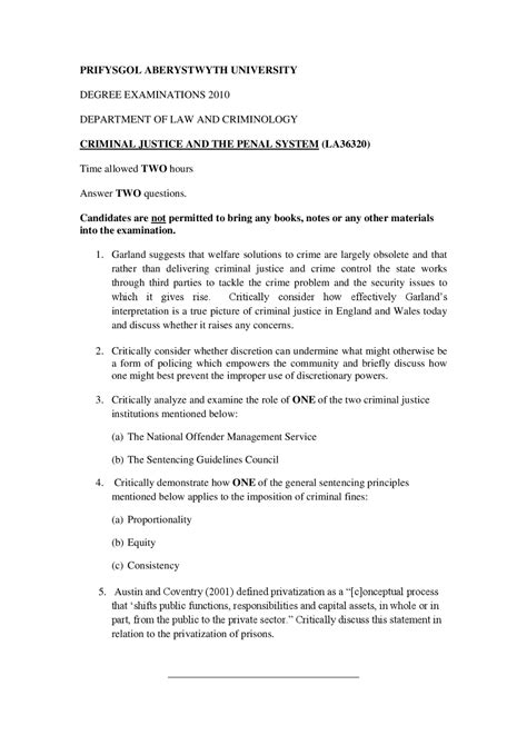 Exam Questions In Criminal Justice And Penal System At Aberystwyth